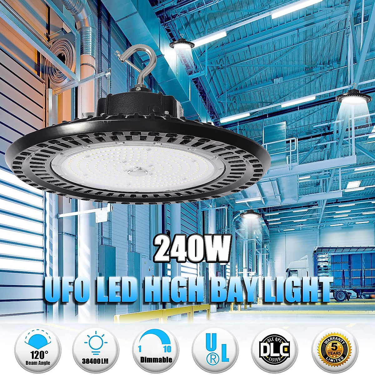 480V 240W UFO LED High Bay Light, 38400LM 5000K 1-10V Dimmable LED Shop Light, 5ft Cord 1000W HID/HPS Equivalent LED Warehouse Workshop Light, IP65 Waterproof DLC ETL Certified (240)