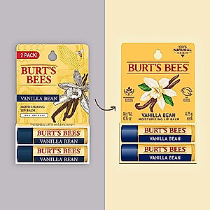 Burt's Bees Lip Balm Mothers Day Gifts for Mom - Vanilla Bean, Lip Moisturizer With Responsibly Sourced Beeswax, Tint-Free, Natural Conditioning Lip Treatment, 2 Tubes, 0.15 oz.
