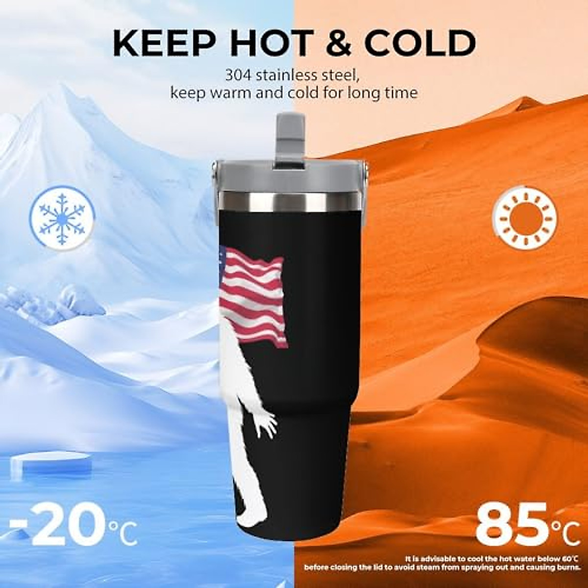 Patriotic America Flag Bigfoot 30 OZ Insulated Tumblers with Handle And Straw Leakproof Vacuum Insulated Stainless Steel Water Bottle for Car Fishing Travel