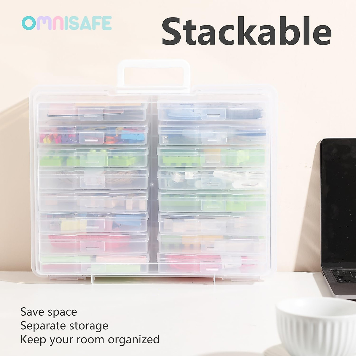 OMNISAFE 4x6 Photo Storage Cases, 16 Inner Plastic Craft Storage Container, Acid-Free Box for Pictures, Crafts, Scrapbooking, Photo Keeper with Handle