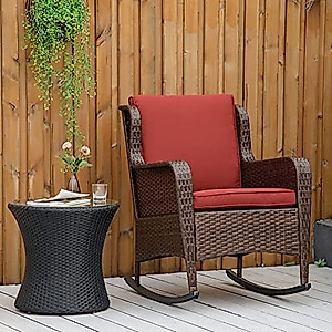 Outsunny Outdoor Wicker Rocking Chair w/Wide Seat, Thickened Cushion, Rattan Rocker with Steel Frame, High Weight Capacity for Patio, Garden, Backyard, Wine Red