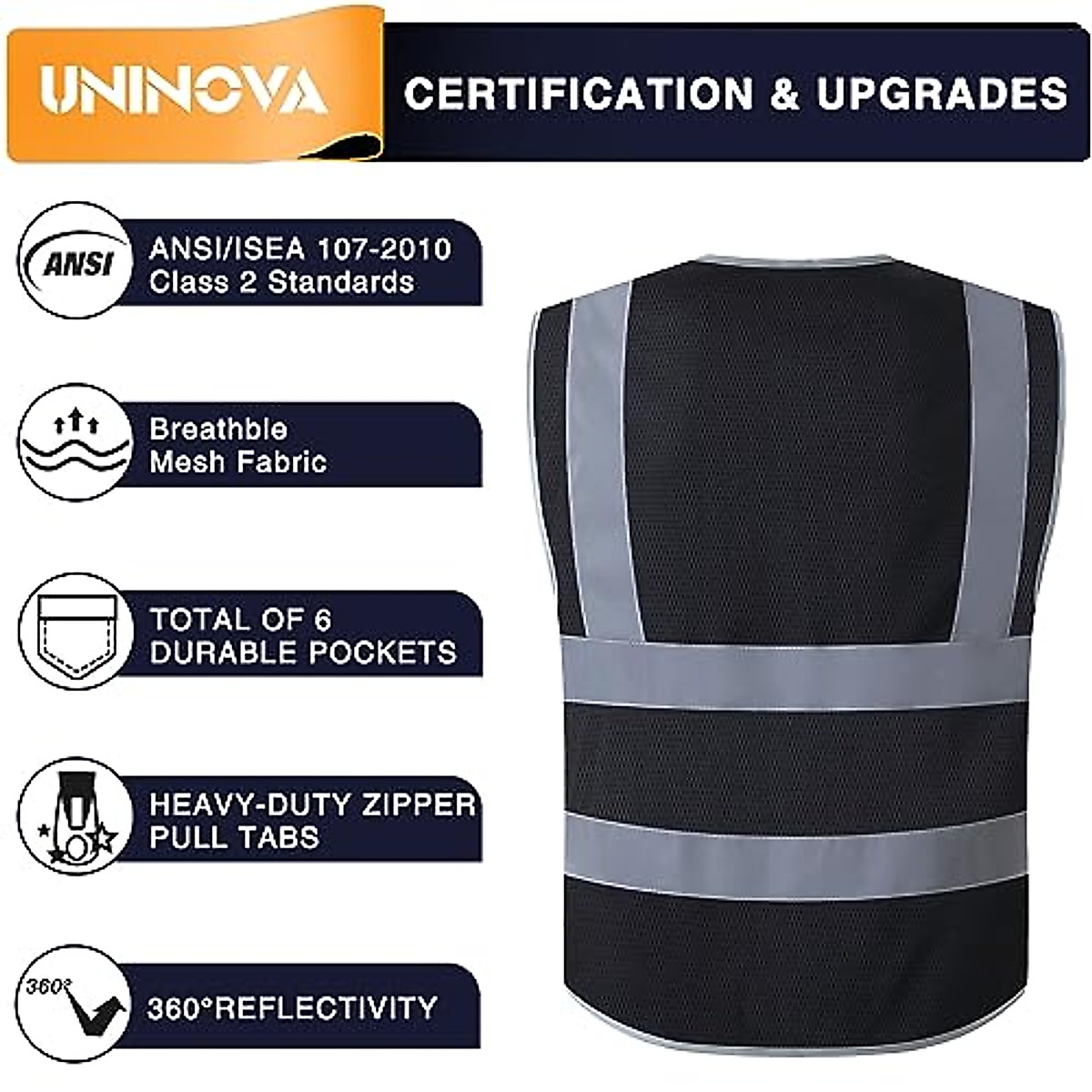 UNINOVA High Visibility Safety Vest - Multi Pockets Reflective Mesh Breathable Workwear, ANSI/ISEA Standards (Extra Large, Black Mesh)