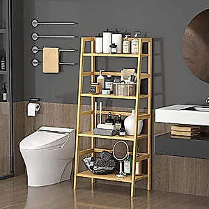 Homykic Bamboo Over The Toilet Storage Shelf and 4-Tier Ladder Bookshelf Bundle, Natural