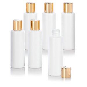 JUVITUS 4 oz / 120 ml White Plastic HDPE Refillable Cylinder Squeeze Bottle with (6 pack, Gold Disc Cap)