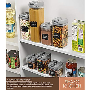 Shazo Airtight Container Set for Food Storage - 7 Piece Set + Heavy Duty Plastic - BPA Free - Airtight Storage Clear Plastic w/Gray Interchangeable Lids kitchen counter storage Bin -18 Labels+Marker