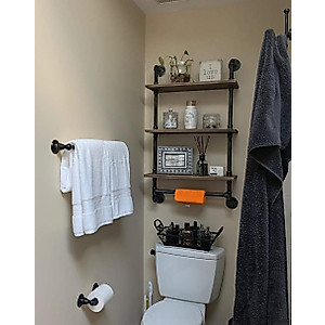 MIQ Industrial Pipe Shelf,Rustic Wall Shelf with Towel Bar,24" Towel Racks for Bathroom,3 Tiered Pipe Shelves Wood Shelf Shelving …