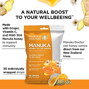 Manuka Doctor Cough Drops, Manuka Middles, 30 Count Honey Filled Lozenges with Vitamin C and Ginger to Help Support the Immune System, Soothing for Dry, Sore Throat, 4.7 oz