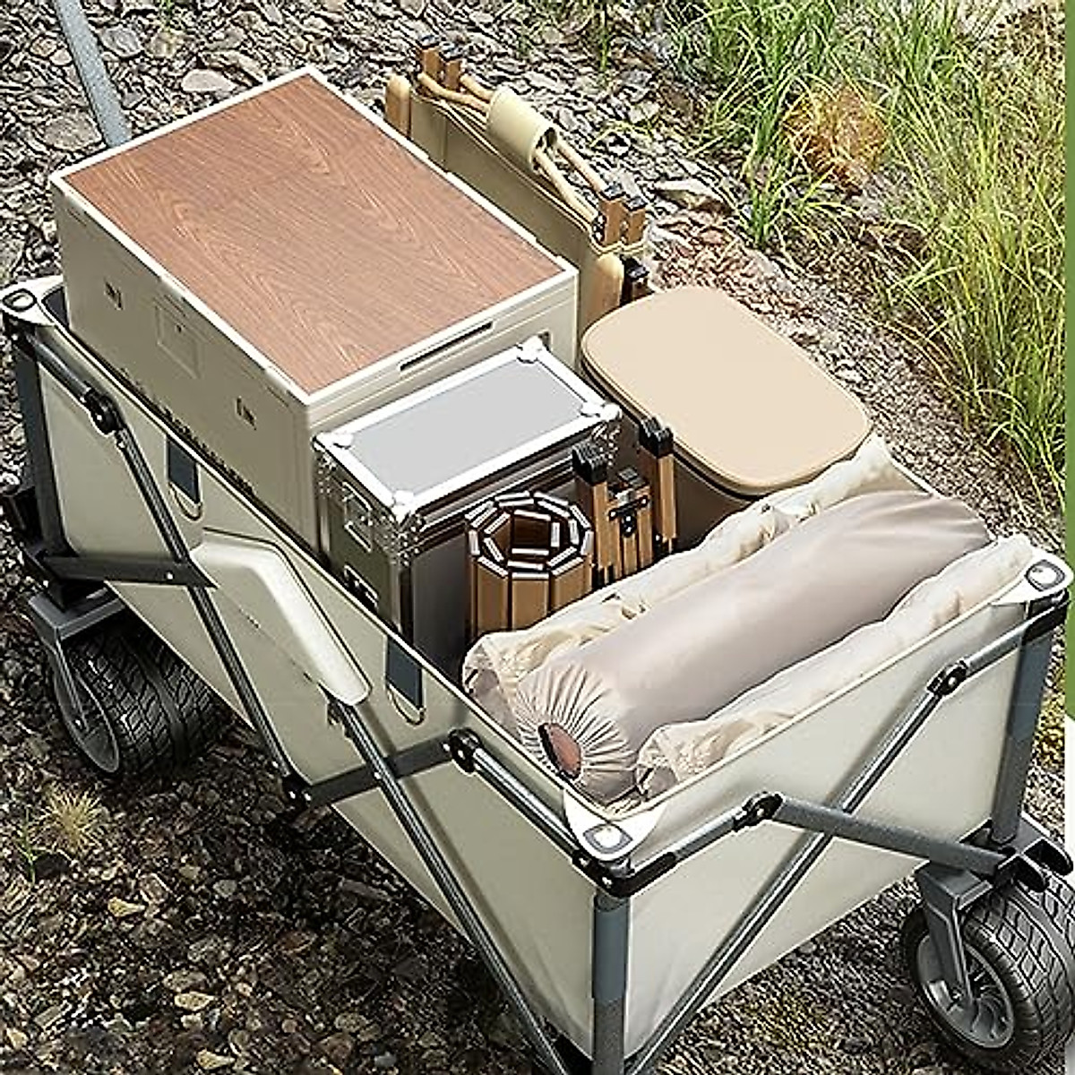 YJSG Collapsible Folding Wagon Garden Cart,White Garden Carts,Beach Wagon Grocery Wagon Wagon Sports Utility Off-Road Wheels with Brakes Wagon Cart 200Kg Load Camping Cart