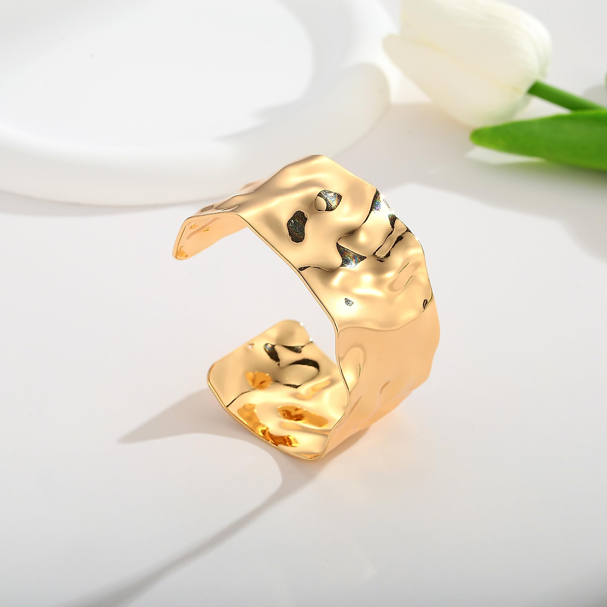 WOWORAMA Hammered Gold Cuff Bracelet for Women Wide Chunky Open Cuff Bangles Vintage Statement Gold Bracelet Adjustable Thick Wrist Cuff Bracelets