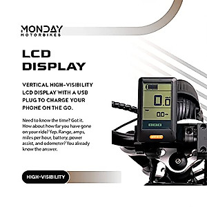 Monday Motorbikes Anza V2 Electric Bike (Midnight Black) - 500W Pedal-Assist Cafe Racer Motorbike - Ebike w/High-Visibility LCD Display - Electric Bike w/USB Plug - 48V x 14Ah Removable Battery