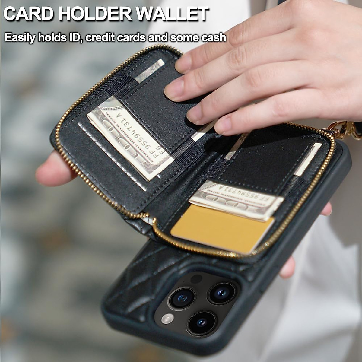 LAMEEKU Wallet Case for iPhone 12/12 Pro 6.1" - Card Holder, Crossbody Strap, Leather Handbag, Women's Protective Case - Black