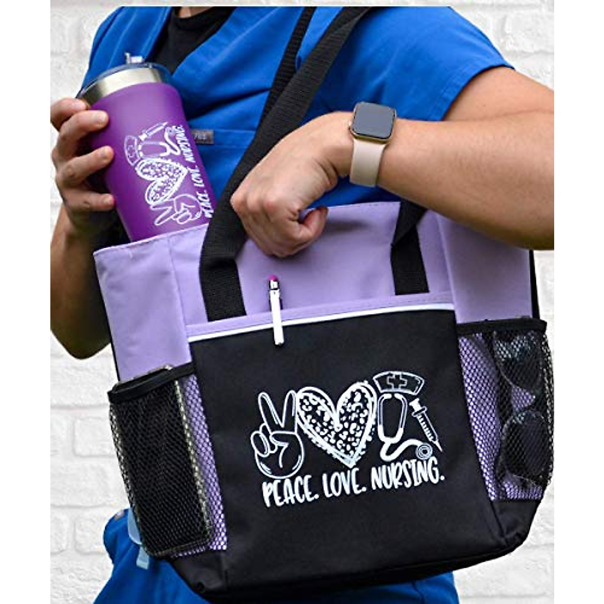 Peace, Love, Nursing. 2-Piece Gift for Nurses. Includes Insulated Tote Bag and Stainless-Steel Tumbler. Great Thank You Gift for Nurses. RN Gift and Perfect Graduation Gift. Nurse Bag for Work.
