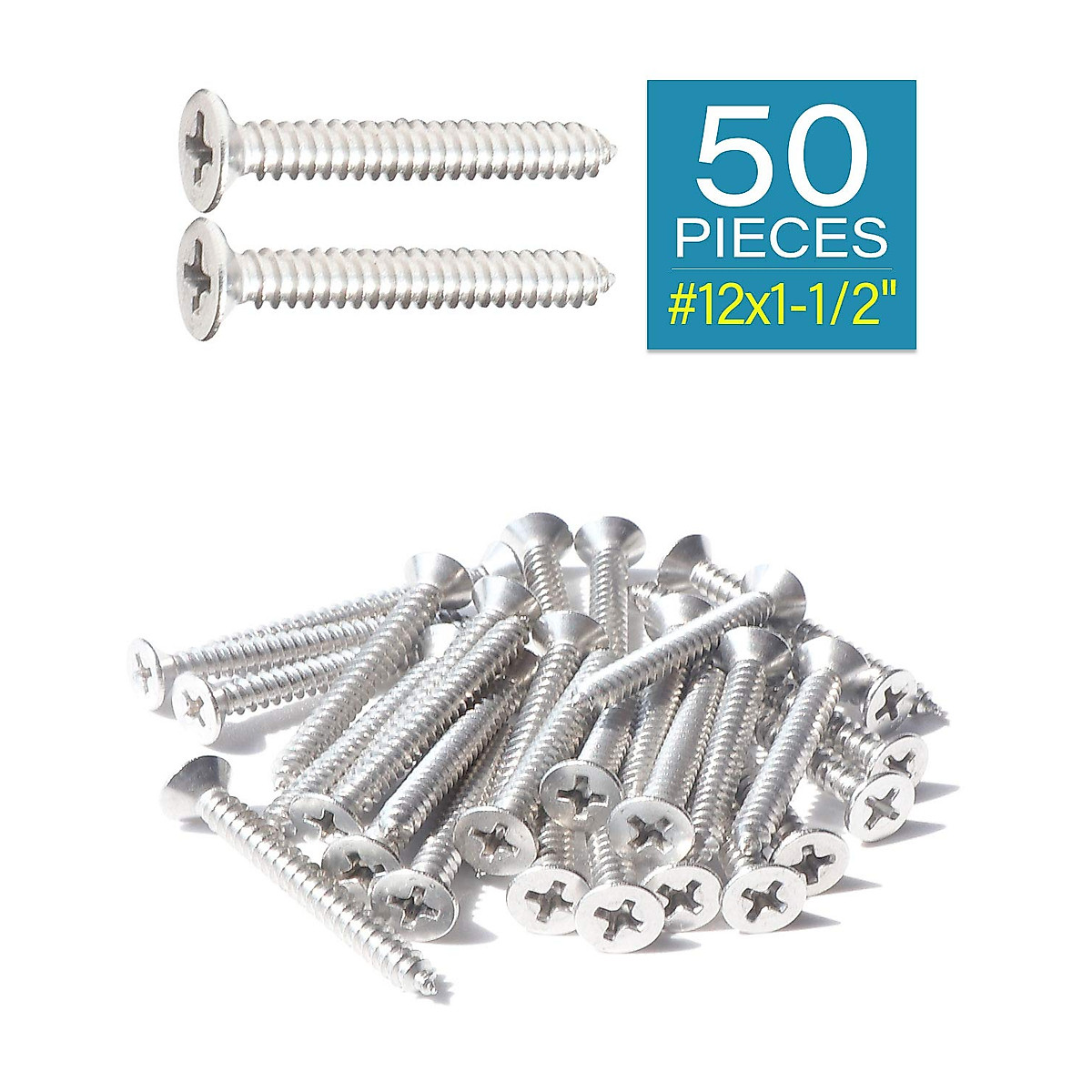 IMScrews 50pcs #12 x 1-1/2" (38mm) Stainless Flat Head Phillips Wood Screws 18-8 (304) Stainless Steel Countersunk Self Tapping Screws