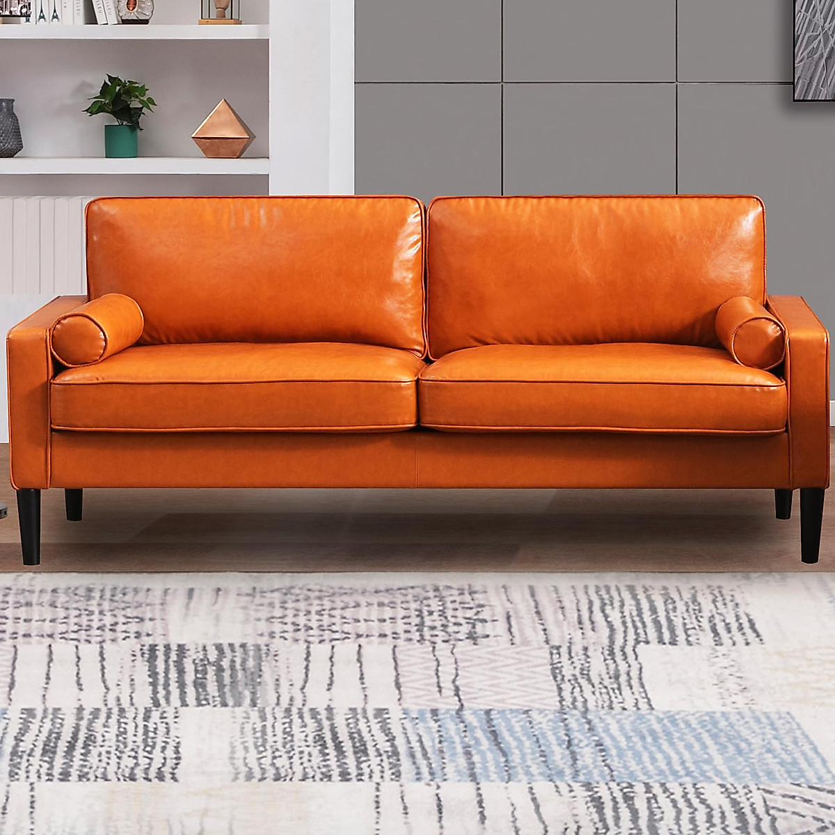 Mjkone 76" Upholstered 3 Seats Sofa, Cognac PU Leather 3-Seater Sofa Chair with Bolster Cushions, Faux Leather Brown Room Furniture, Modern Sectional Sofa Couch for Home Living Room/Apartment/Office