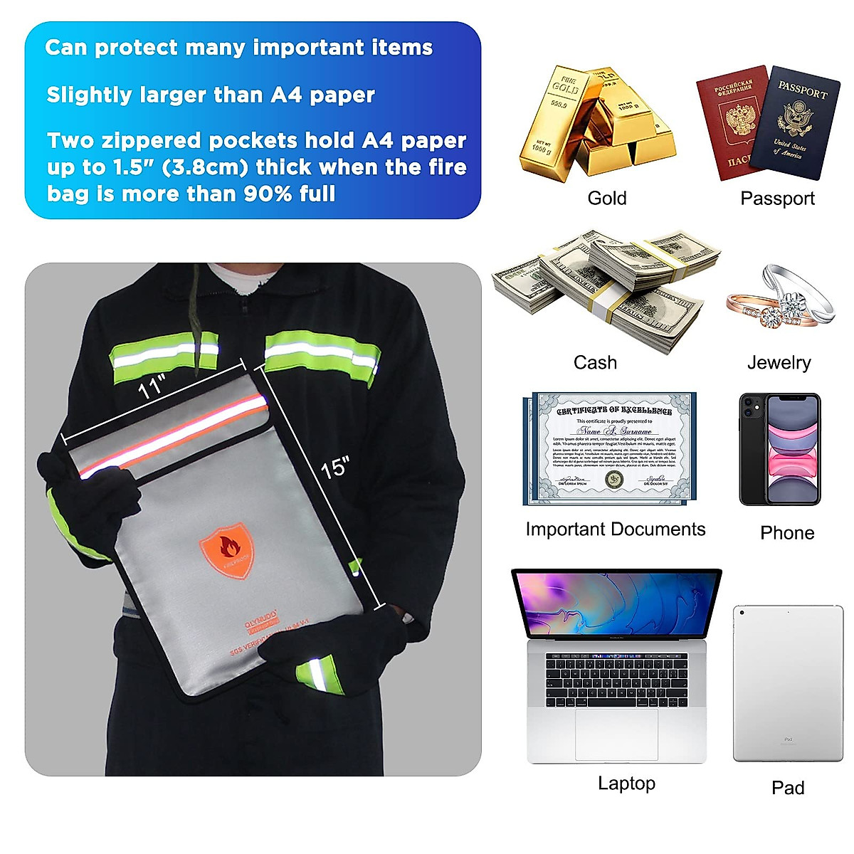 2023 Upgraded Fireproof Bag for Documents (2200℉), Fireproof Money Bag for Cash with Zipper (Reinforced Fire Protection - Aluminum Foil Lining), Waterproof Document Pouch for Valuables