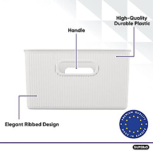 Superio Ribbed Collection - Decorative Plastic Open Home Storage Bins Organizer Baskets, Large White (6 Pack) Container Boxes for Organizing Closet Shelves Drawer Shelf 15 Liter/16 Quart