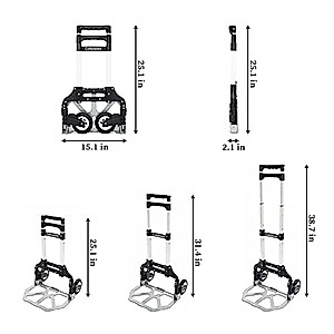 Folding Hand Truck and Personal Dolly, 165lbs Capacity Aluminium Portable Folding Hand Cart with Rubber Wheels and 2 Bungee Cord, Ideal for Home, Auto, Moving, Office, Travel