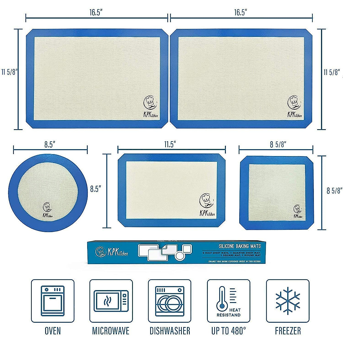 KPKitchen Silicone Baking Mats Set of 5 and Baking Sheet with Rack Set - 2 Half Sheets Mats + 1 Quarter Sheet Liner + 1 Round & 1 Square Cake Mat - Aluminum Pan + Stainless Steel Cooling Rack