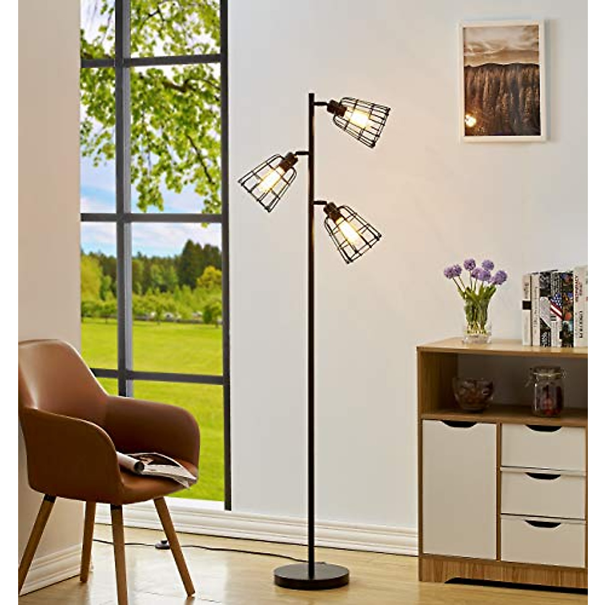 Modern Floor Lamp for Living Room Bright Lighting Tall Stand Up Lamp Farmhouse Rustic Industrial Black Tree Floor Lamps for Bedrooms, Office with Reading Light Standing Lamp