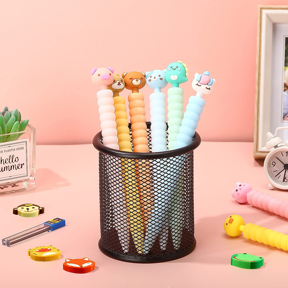 Mechanical Pencils Cute Mechanical Pencils with Animal Erasers and Pencil Refills, 0.5mm Kawaii Mechanical Pencils with Fun Toppers Colorful Mechanical Pencils for Girls Kids Students (24 Pieces)