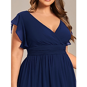 Ever-Pretty Women's Ruched V Neck A-Line Ruffles Sleeves Summer Maxi Plus Size Cocktail Dress Navy Blue US16