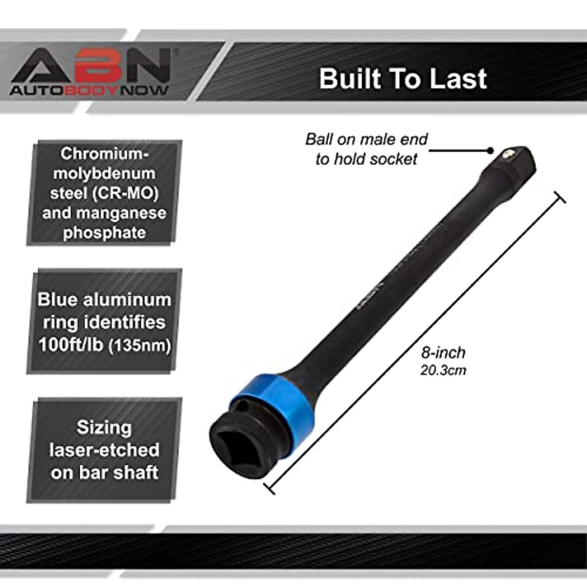 ABN 1/2in Drive 8in Long Torque Socket Extension Bar, 100 ft/lb CR-MO with Blue Color-Coded Aluminum Ring
