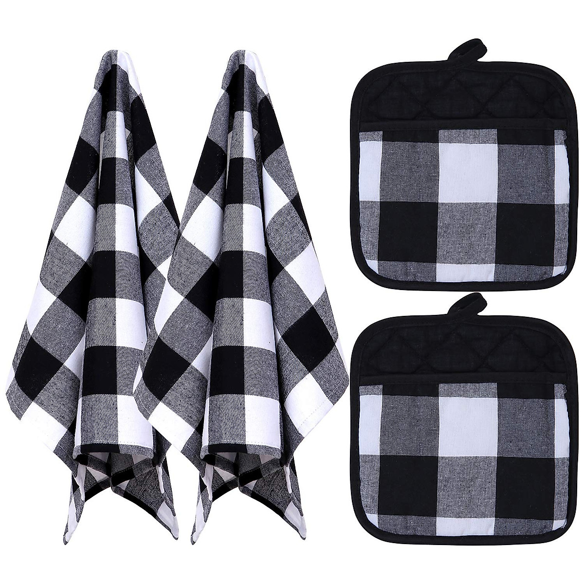 Aneco 4 Pack Check Plaid Dish Towels Pot Holders Oversized 18 x 28 inches Cotton Kitchen Dish Towels Fast Drying Cotton Tea Towels Check Plaid Gift Set