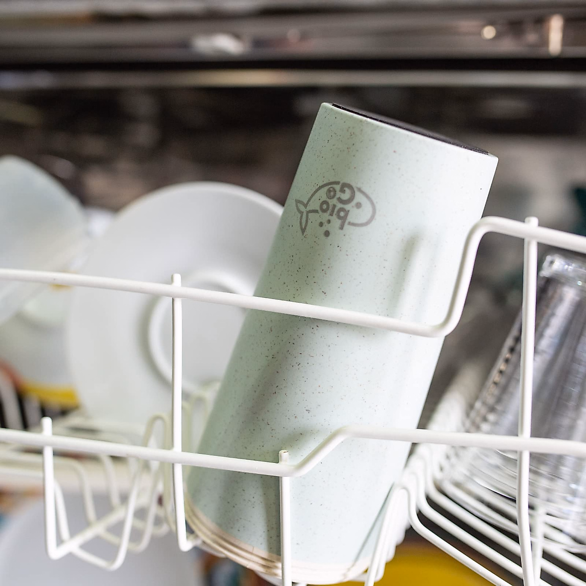 bioGo Reusable Coffee Cups - Faded Pink & Pastel Gray - 16oz x 2 - Microwave & Dishwasher Safe - Perfect for Couples