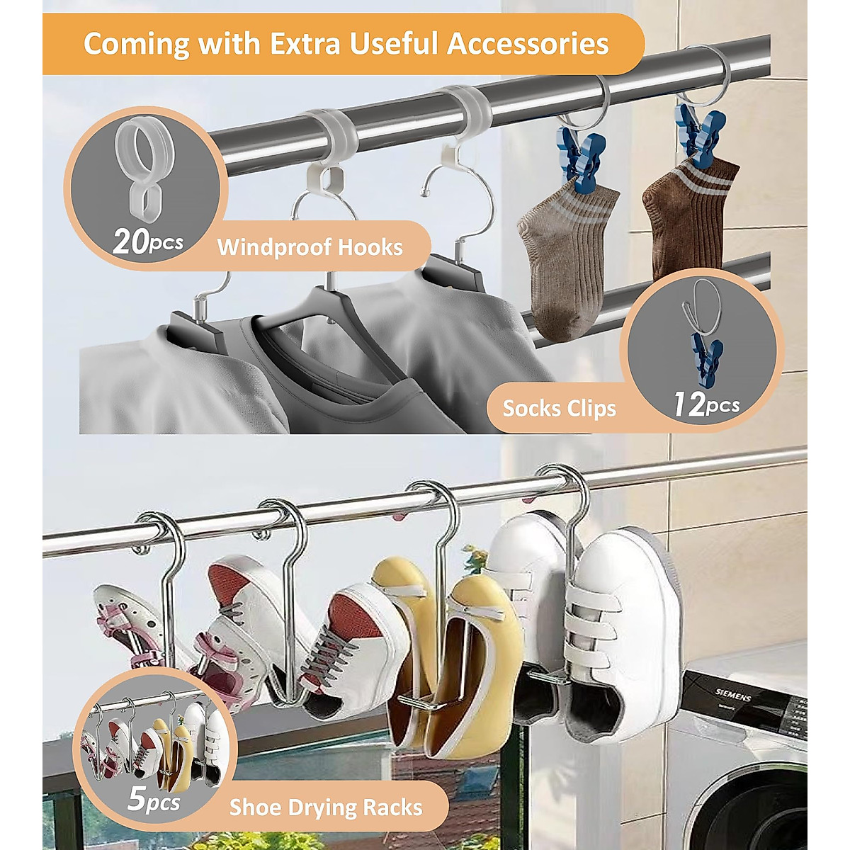 79 Inches Clothes Drying Rack Clothing with Windproof Design, Folding Indoor Outdoor,Heavy Duty Stainless Steel Laundry Drying Rack,Foldable Portable Garment Rack,20 Hooks,12 Clips,5 Shoe Drying Racks