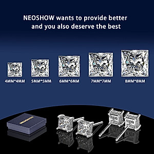 18K White Gold Plated Sterling Silver Princess Cut Cubic Zirconia Stud Earrings Square Simulated Diamond CZ Stud Earrings for Women Men Hypoallergenic (7MM, White Gold)