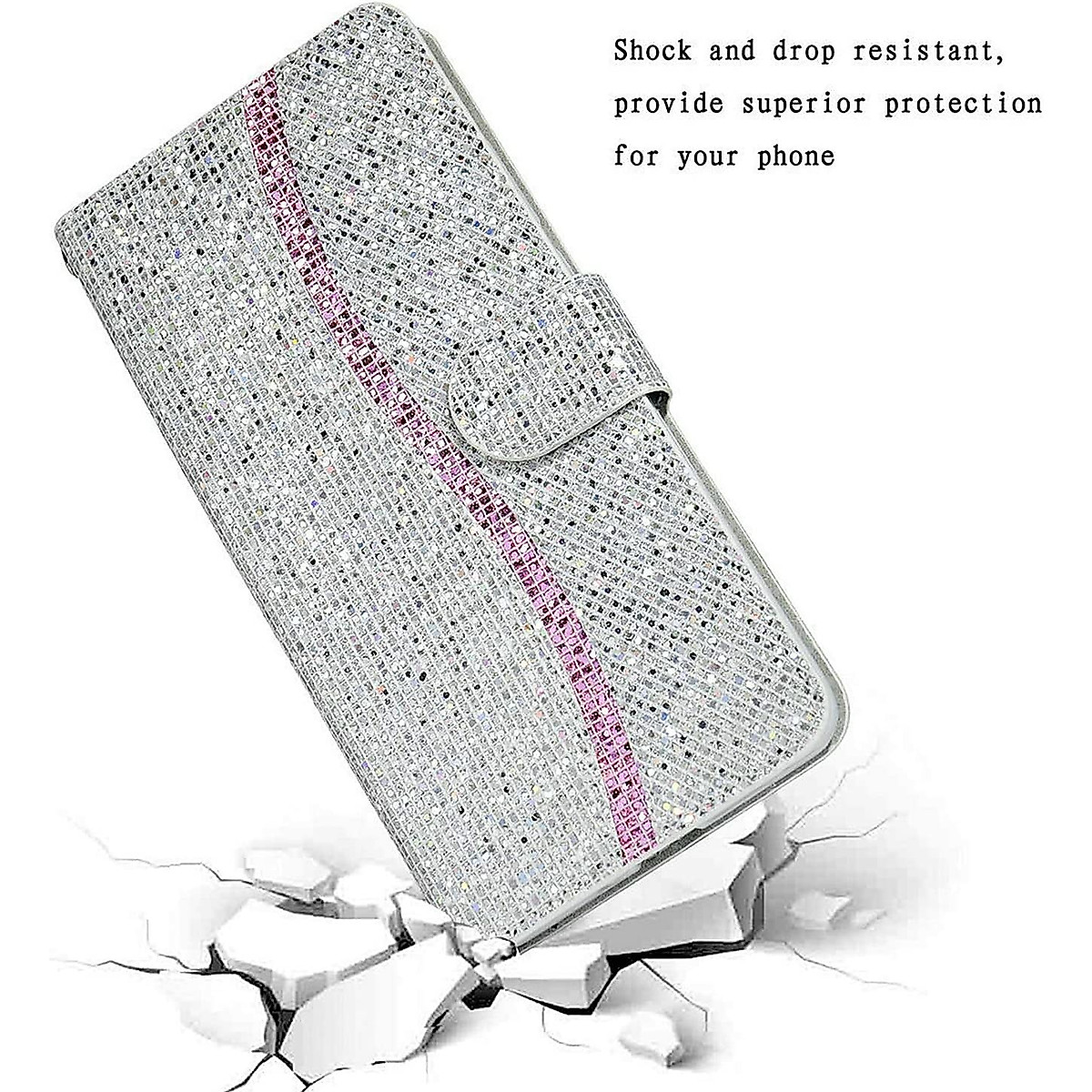 Guppy Bling Wallet Case Compatible with iPhone 14 Plus, PU Flip Blocking Wallet with Wrist Strap Magnetic Closure Built-in Kickstand Protective Case - Silver