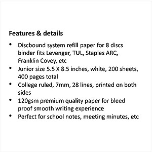 Discette Junior Size Refill Paper, 5.5 x 8.5, Ruled/Lined, 120gsm, For 8 Discs Discbound Notebook and Journal, White, 200 Sheets, 400 Pages