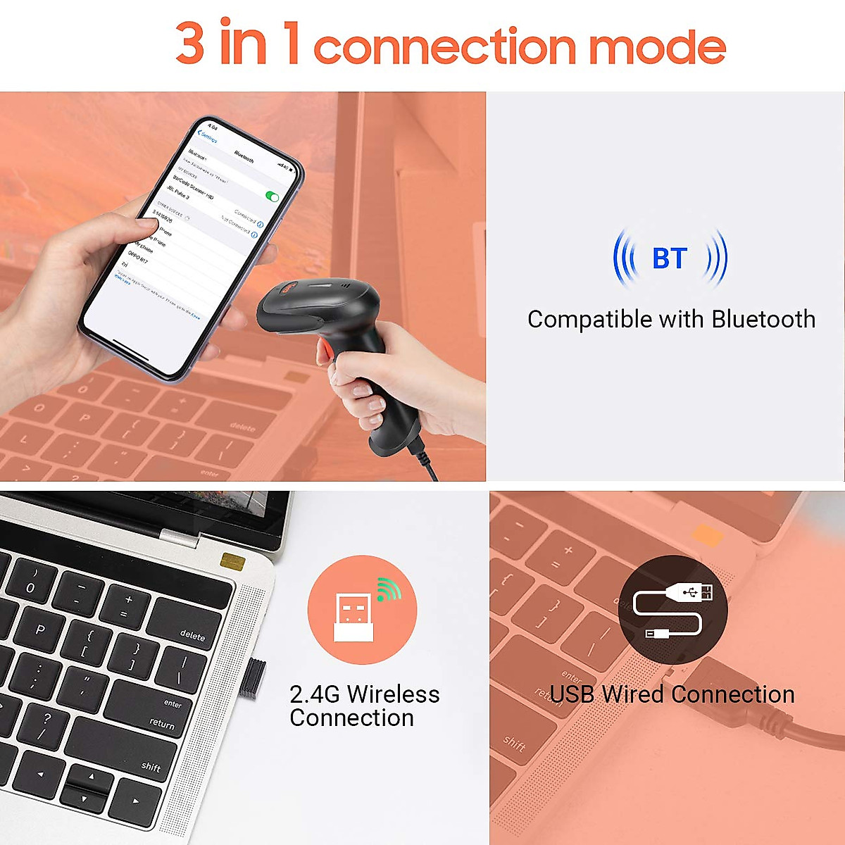 Tera Pro Wireless 2D QR Barcode Scanner with Stand, 3 in 1 Bluetooth & 2.4GHz Wireless & USB Wired Connection, Image Bar Code Reader with Vibration Alert HW0002 (Black)
