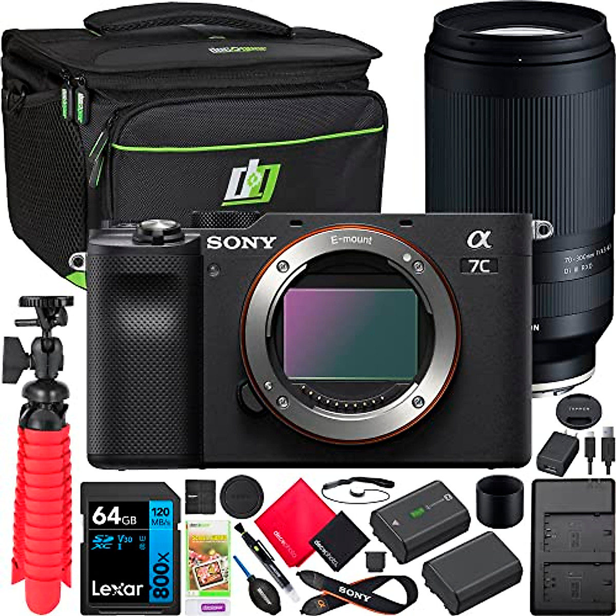 Sony a7C Mirrorless Full Frame Camera Body Black ILCE-7C/B Bundle with Tamron 70-300mm F4.5-6.3 Di III RXD Lens A047 + Deco Gear Bag + Extra Battery &Dual Charger +64GB Card+ Tripod & Kit Accessories