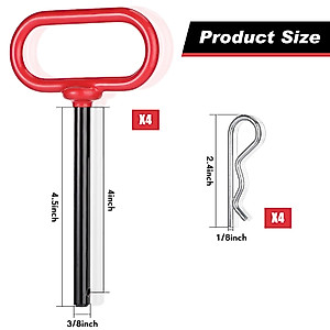 Riakrum 4 Pcs 3/8 x 4 Inch Handle Hitch Pin for Tractor Trailer Hitch Pin and Clip Tow Pin Accessories for Farm,Tractor,Turn Mower, Towing Cargo, Boat, RV, Car, Truck, Bike, ATV(Red)