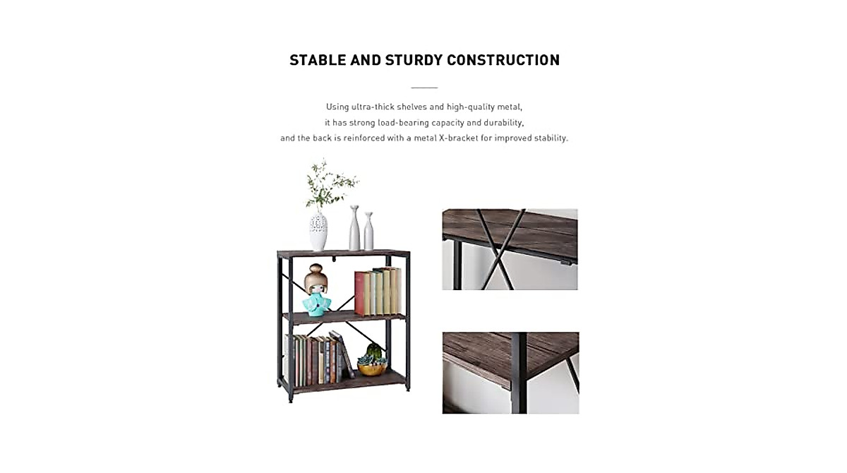 3-Tier Folding Bookcase - Industrial Rustic Design