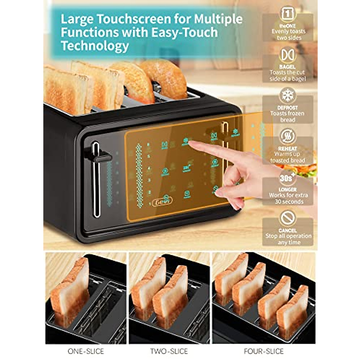 Gevi Toaster 4 Slice,Led Display Touchscreen Bagel Toaster with Dual Control Panels of Bagel/Reheat/Defrost/Cancel/Toasting One Slice/Longer Function,6 Shade Setting