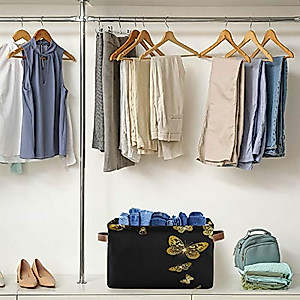 AGONA Black Beautiful Gold Butterfly Foldable Storage Bins Large Collapsible Fabric Storage Baskets with Leather Handles Organizing Box for Shelves Home Bedroom Nursery Office 2 Pack