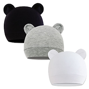 Exemaba Newborn Hats - Cute Infant Girls Boys Bear Ears Hospital Cap Unisex Baby Accessories for 0-3 Months(Black&White&Grey)
