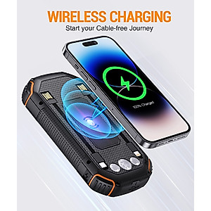 Jinepin 2 Pack of 36000mAh Solar Power Bank Solar Phone Charger, Built in 6 Cables, Wireless Portable Charger External Battery Pack with Led Flashlight