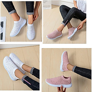 Dimleen Womens Rhinestones Glitter Fashion Mesh Walking Shoe Breathable Slip-on Loafers Non-slip Orthopedic Arch Support Sock Sneaker (black,10,Women,10)