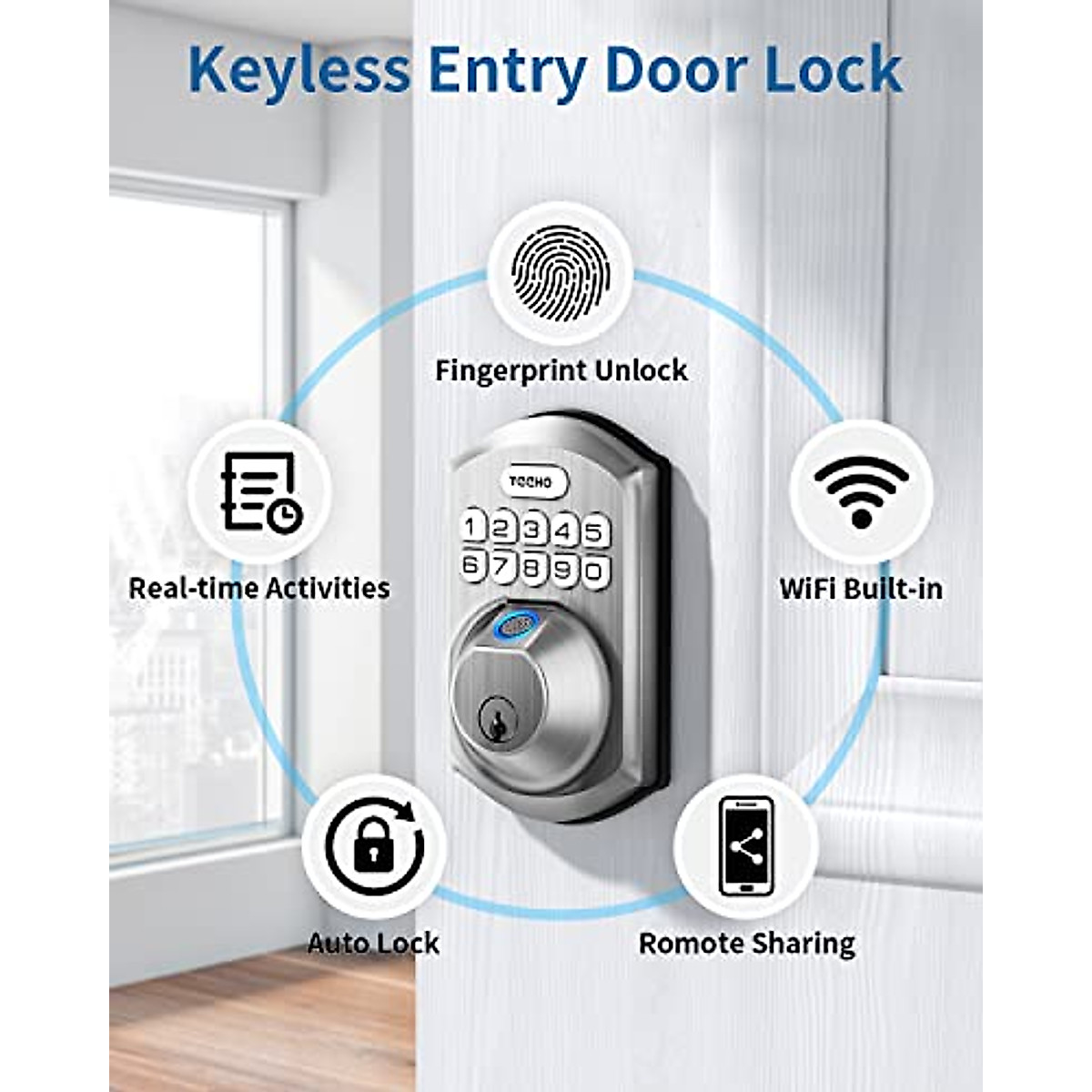 Fingerprint Door Lock: TEEHO TE002W Smart Lock, Built-in WiFi Keyless Entry Door Lock Deadbolt, Easy Installation, BHMA Cert, Satin Nickel