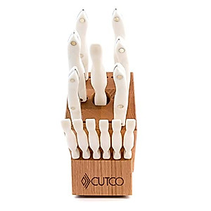 CUTCO Model 2008 Galley +6 Table Knives with White "Pearl" Handles....13 High Carbon Stainless knives & forks in factory-sealed plastic bags........#1744 Honey Oak knife block and #125 10" x 14" Poly Prep cutting board included.