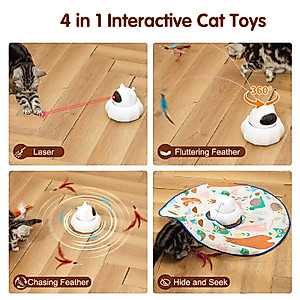 VIWIK 4 in 1 Cat Laser Toy Automatic, Interactive Cat Toys for Indoor Cats, Hide and Seek Kitten Wand Toy, USB Rechargeable Electronic Toys with Moving Feather, Cover for Bored Cats All Breeds