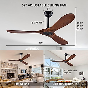 XBIBI 52/inch Ceiling Fans with Light, Wood Remote Control, 3 Blades and Down Rod, 6 Speed Reversible DC Motor, Indoor Outdoor Fan for Patio Living Room Bedroom Office 52DY-1620BK