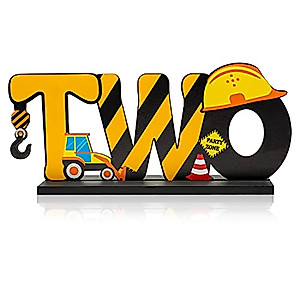 Haooryx Construction Truck Two Letter Sign Wooden Table Centerpiece for Boys, Two Years Old Baby 2nd Birthday Party Decorations, Construction Theme Party Supplies Baby Shower Decor Photo Props