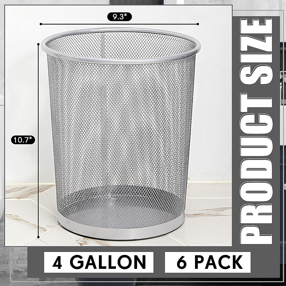 Zeyune 6 Pack Silver Office Trash Can Mesh Trash Can 4 Gallon Metal Wire Mesh Waste Paper Basket Round Trash Bin Small Garbage Can for Office Bathroom Home Bedroom Kitchen Dorm