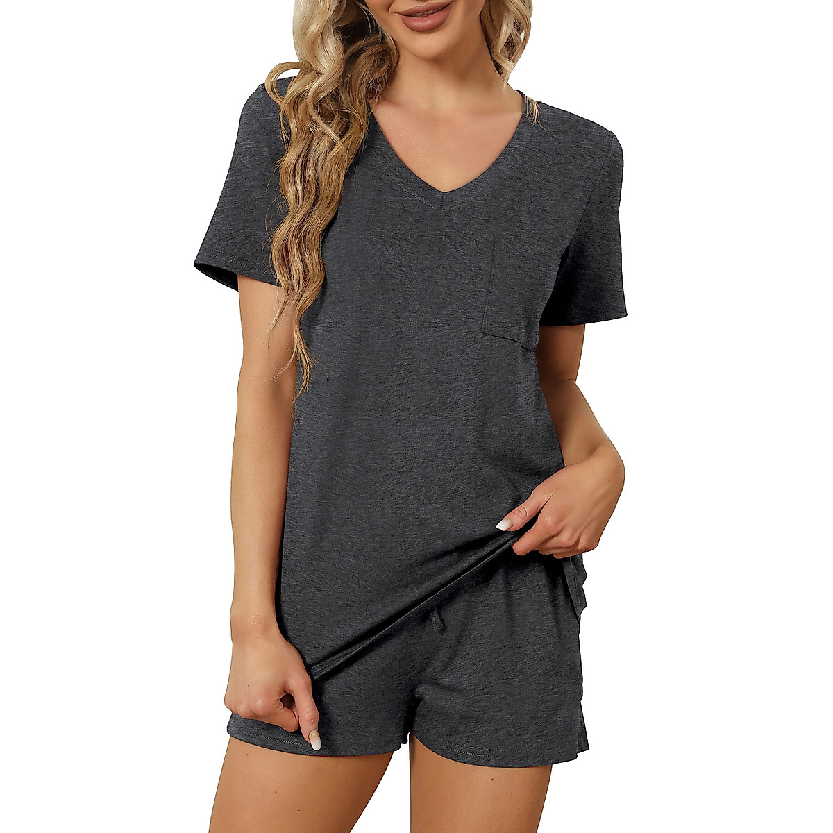 RUBZOOF Pajamas for Women Shorts Set Casual V Neck Short Sleeve Summer 2 Piece Lounge Sets Dark Grey M