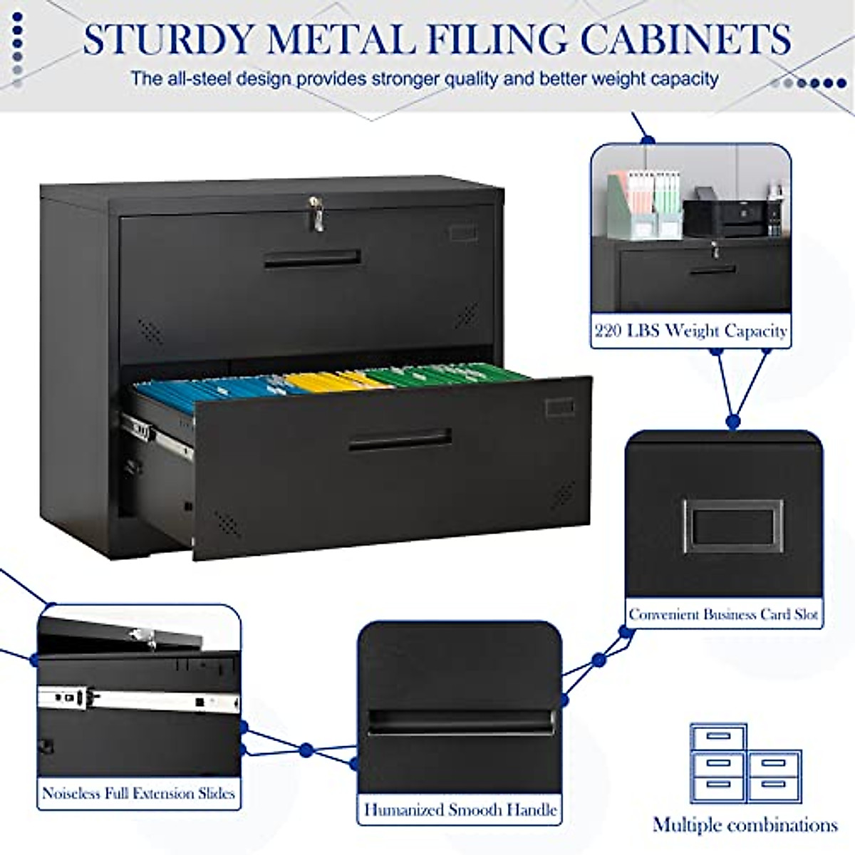 2 Drawer Lateral File Cabinet for Home Office, Filing Cabinets with Lock, Solid Stainless Steel Metal Storage Cabinet for Hanging Legal/Letter/F4/A4 Size Files, Assembly Required (Black)