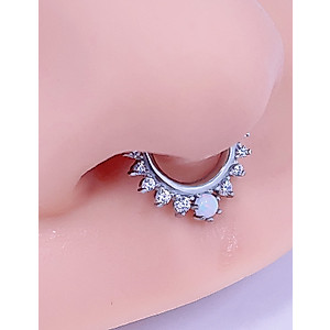 FANSING White Opal Septum Rings for Women 16 Gauge Septum Clicker Surgical Steel Septum Piercing Rings 16g Septum Jewelry 8mm Spike Septum Hoop with Clear CZ